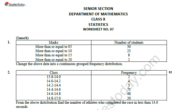 CBSE Class 10 Mathematics Statistics Worksheet Set A CBSE Class 10 Mathematics Statistics Worksheet Set A